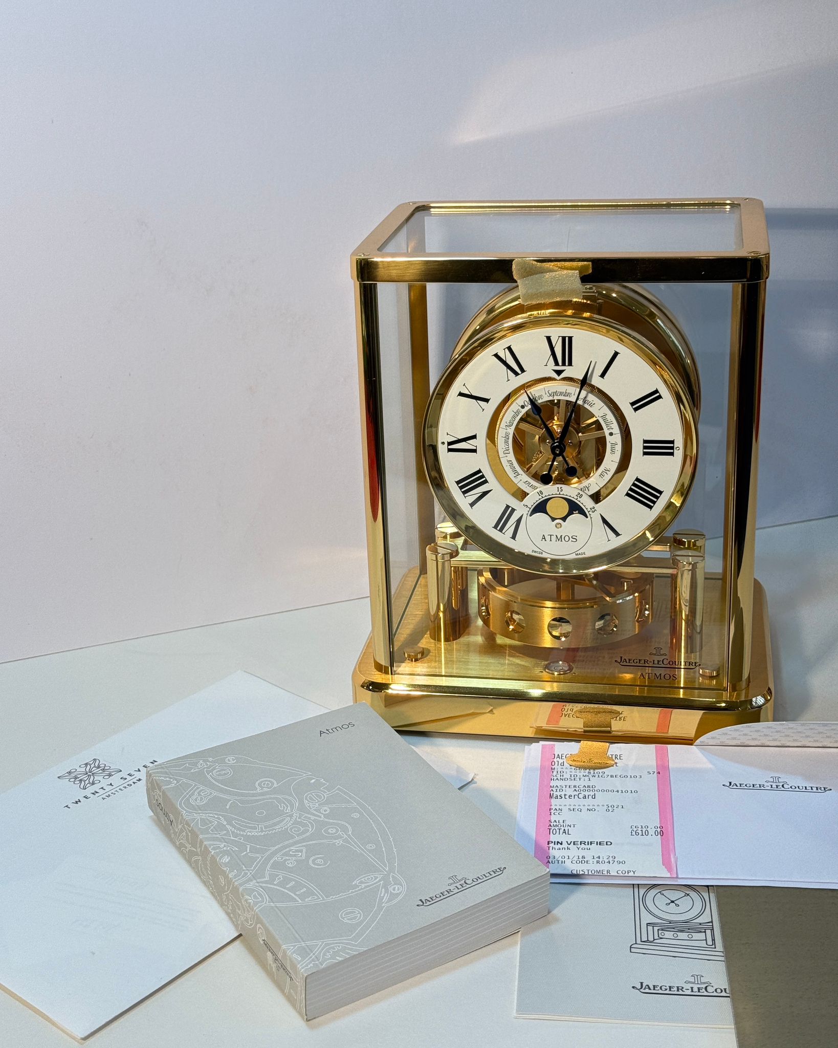 An Unused 560 Cal Moonphase Atmos Clock With Original Receipt, Box And ...