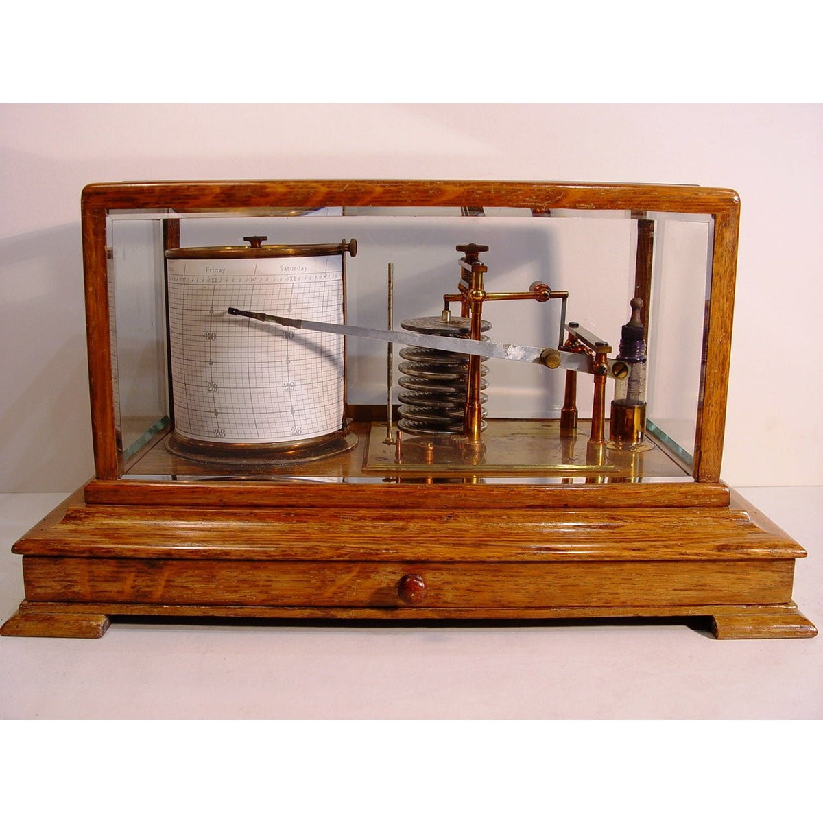 A 1920's Oak English Barograph With Chart Draw And Ink Bottle , the ...